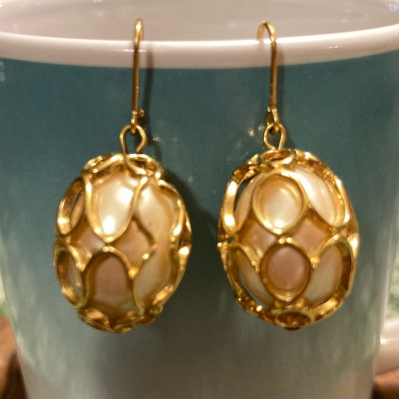 Jewelry | Vintage Gold Caged Pearl Bead Dangle Earrings | Poshmark